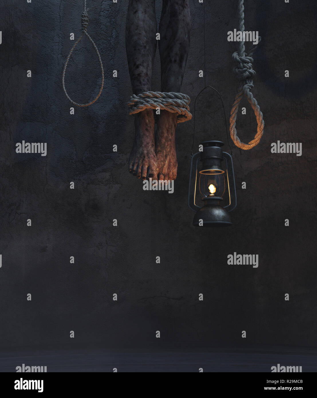 legs of dead body hanging in a dark room with hanging lantern and rope ...