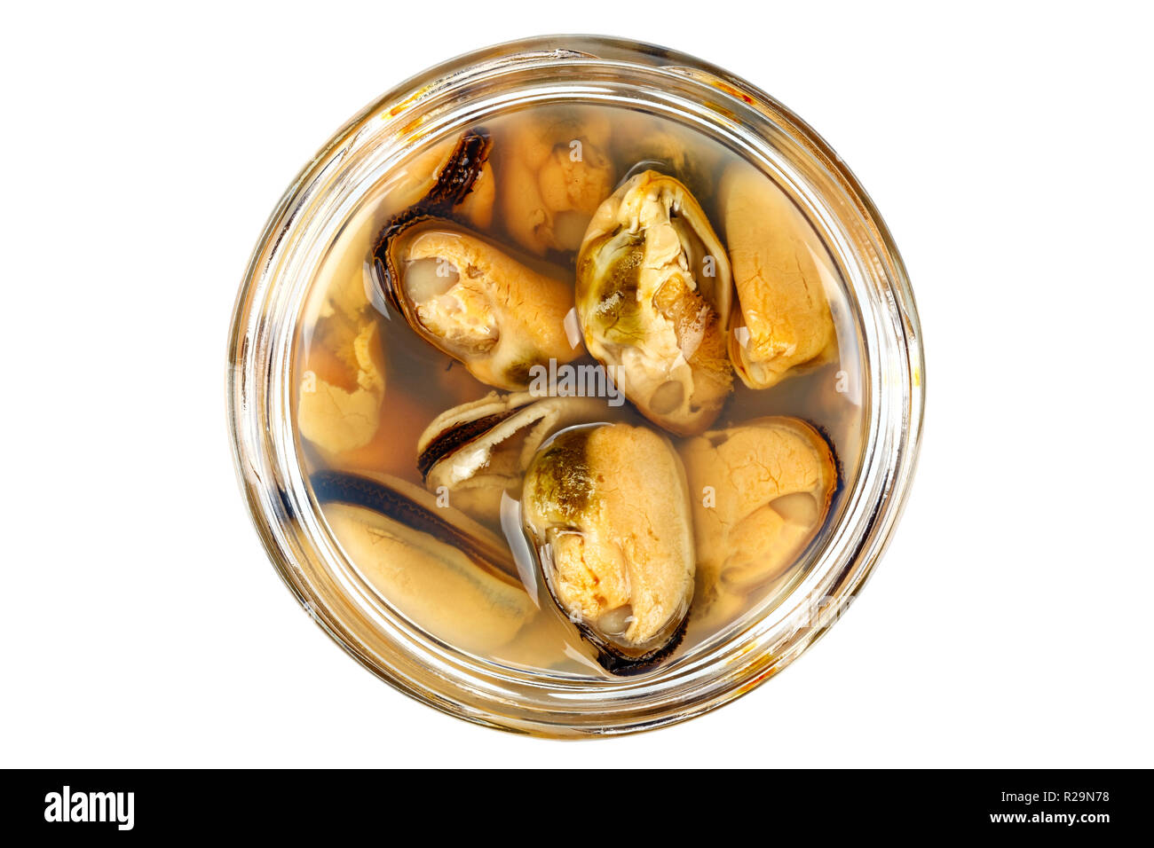 Marinated mussels isolated in a jar on a white background. clipping ...