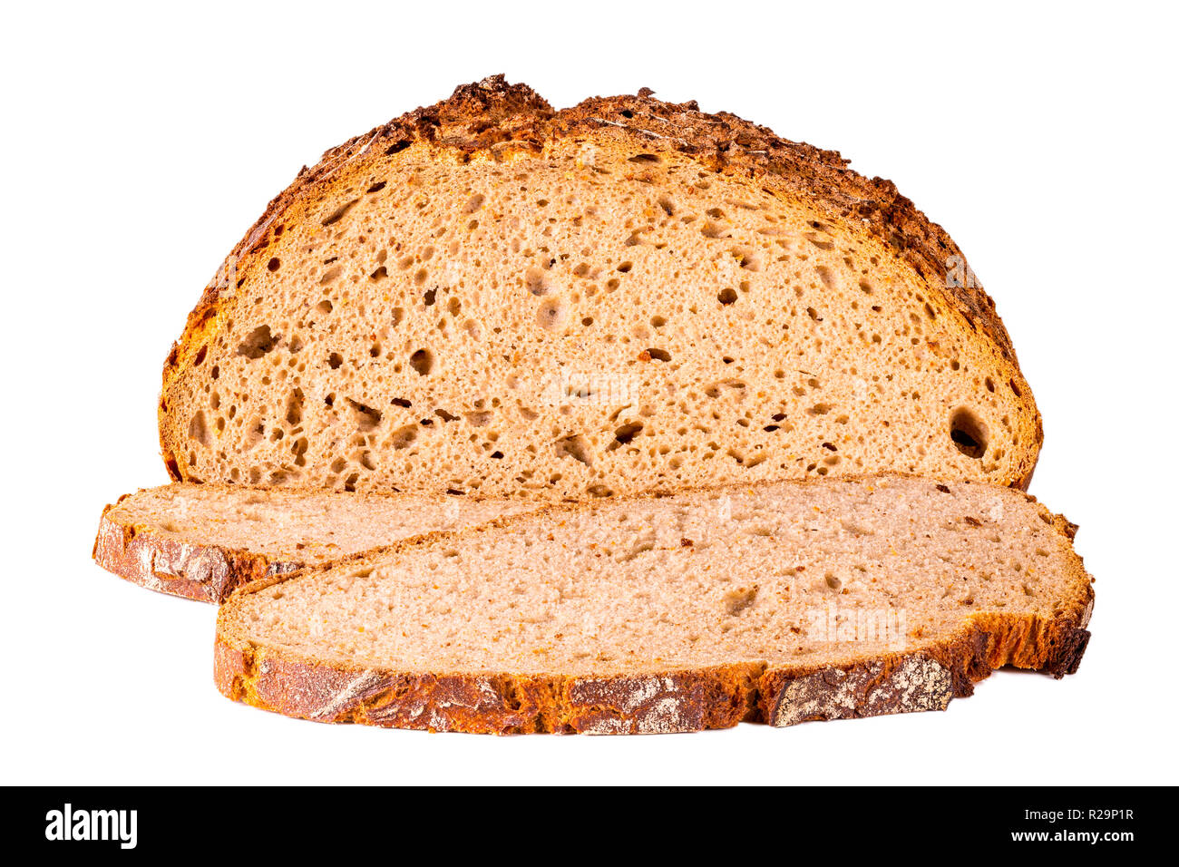 Loaf and slices of bread isolated on white background, front view ...