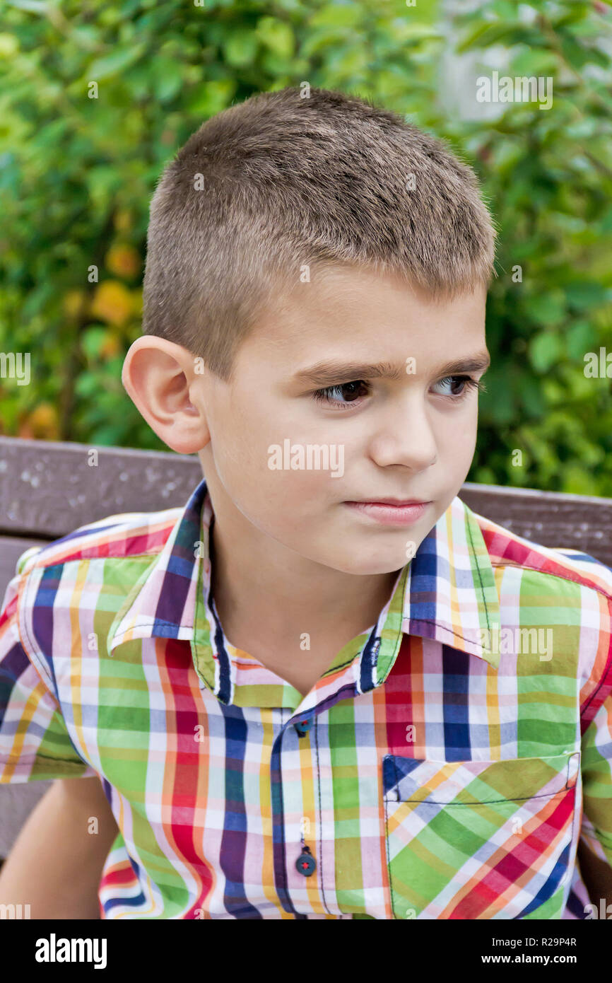 Cute brunette boy eleven years old in summer background Stock Photo - Alamy