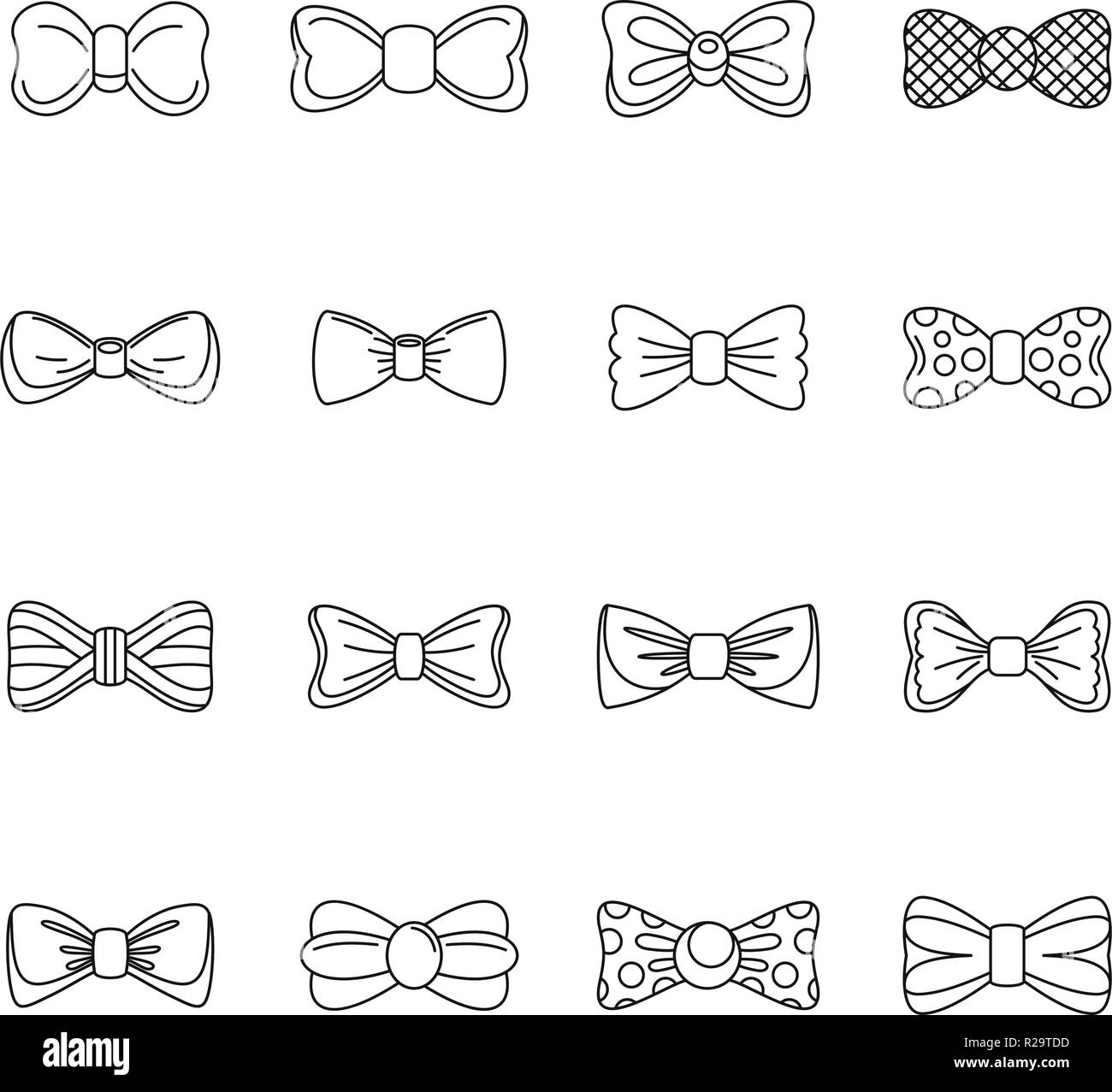Bowtie ribbon man tuxedo icons set. Outline illustration of 16 bowtie ...