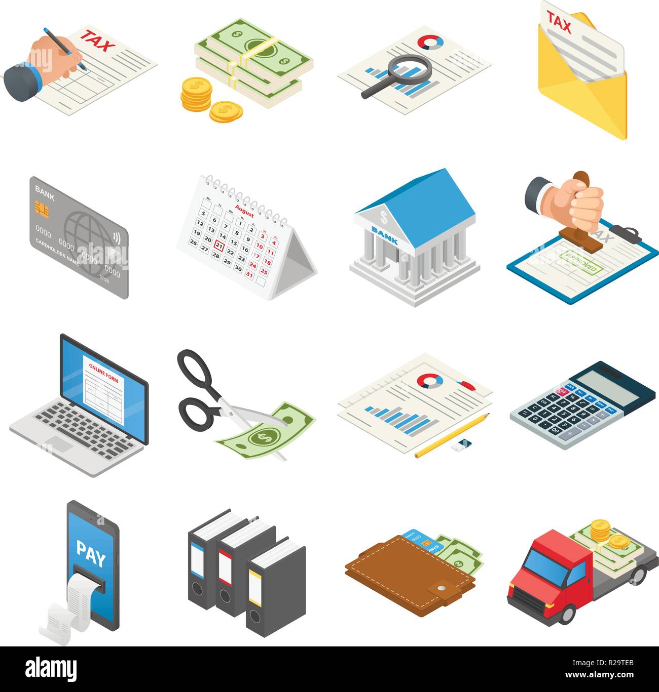 Taxes accounting money icons set. Isometric illustration of 16 taxes ...
