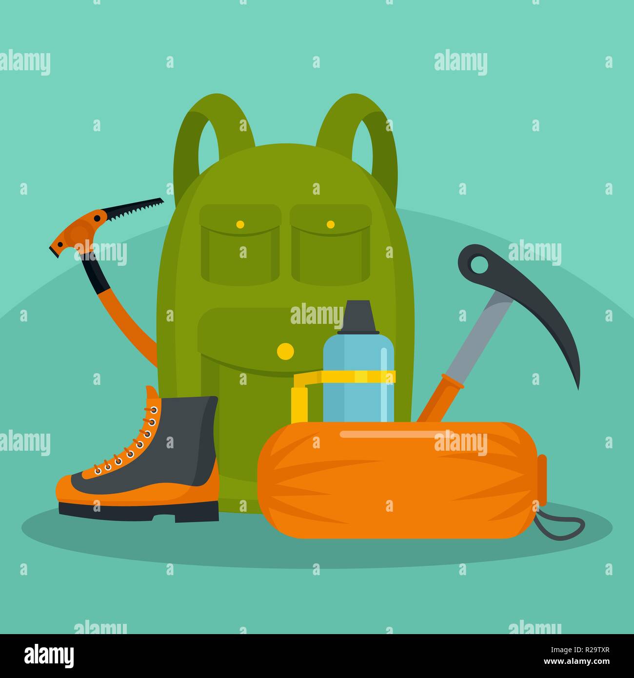 Hiker backpack with tools and shoes background. Flat illustration of ...
