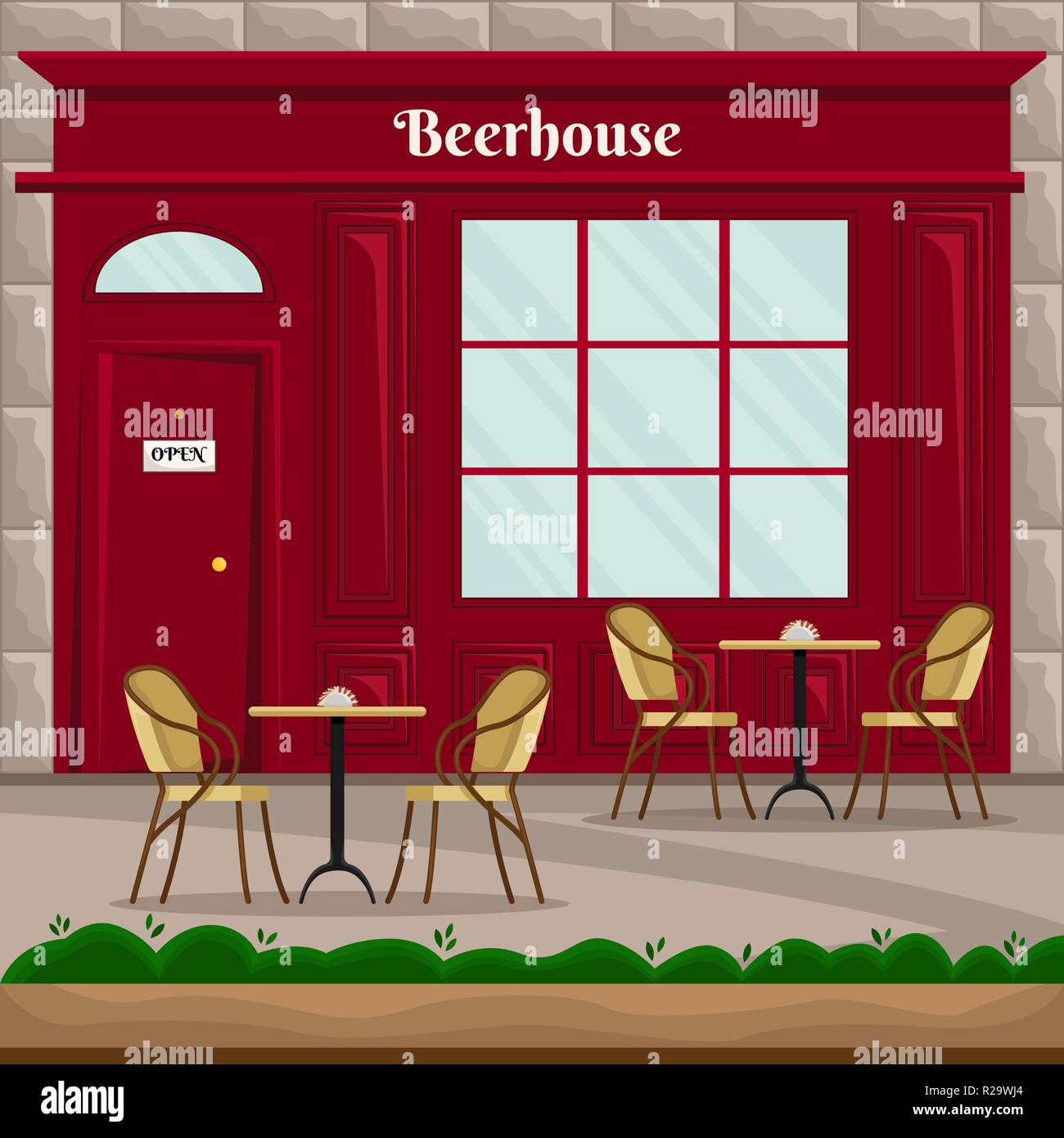 Vector flat illustration of beerhouse facade in retro style with tables ...