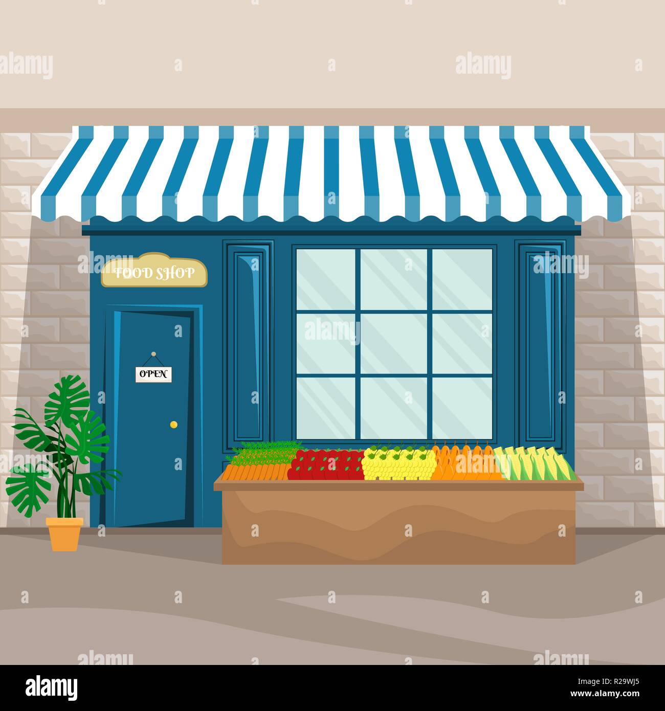 Vector flat illustration of food shop facade in retro style with ...