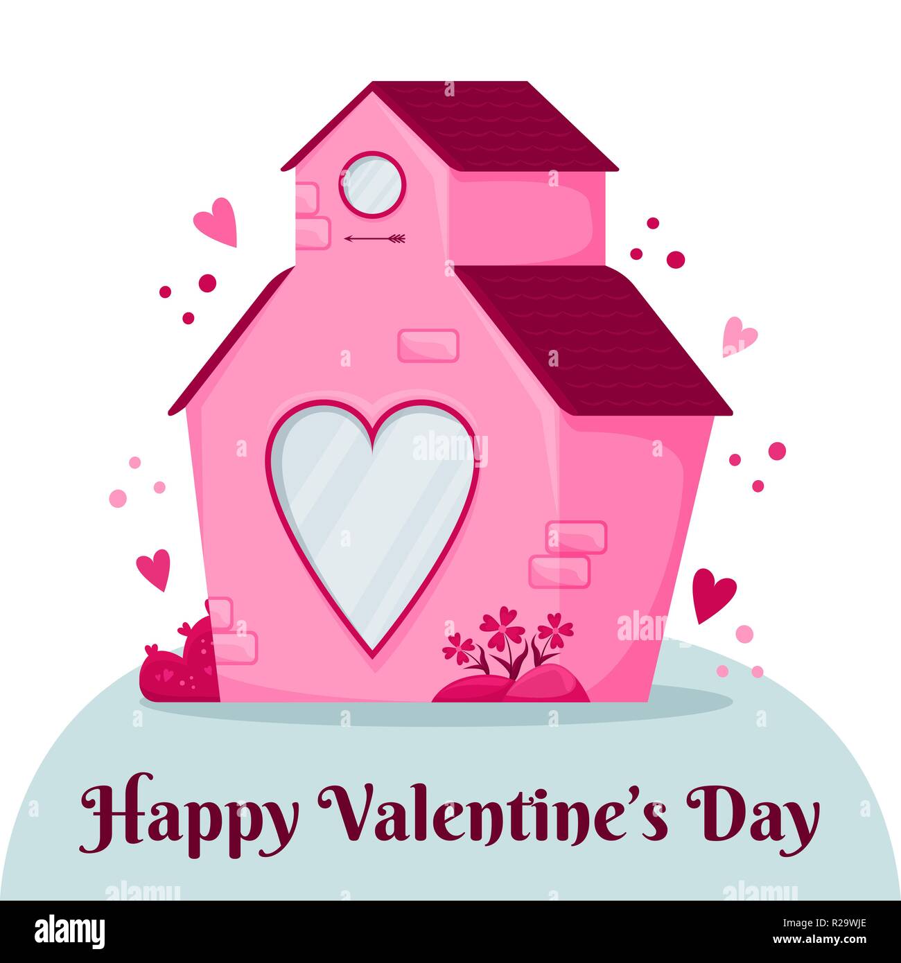 Valentine's day greeting card. Pink house with a heart window. Happy ...