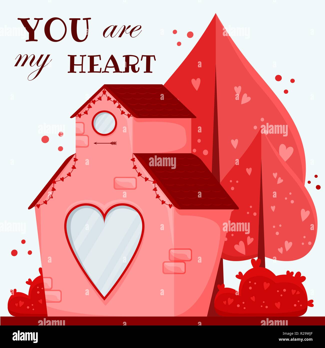 Valentine's day greeting card. Pink house with a heart window. Happy ...