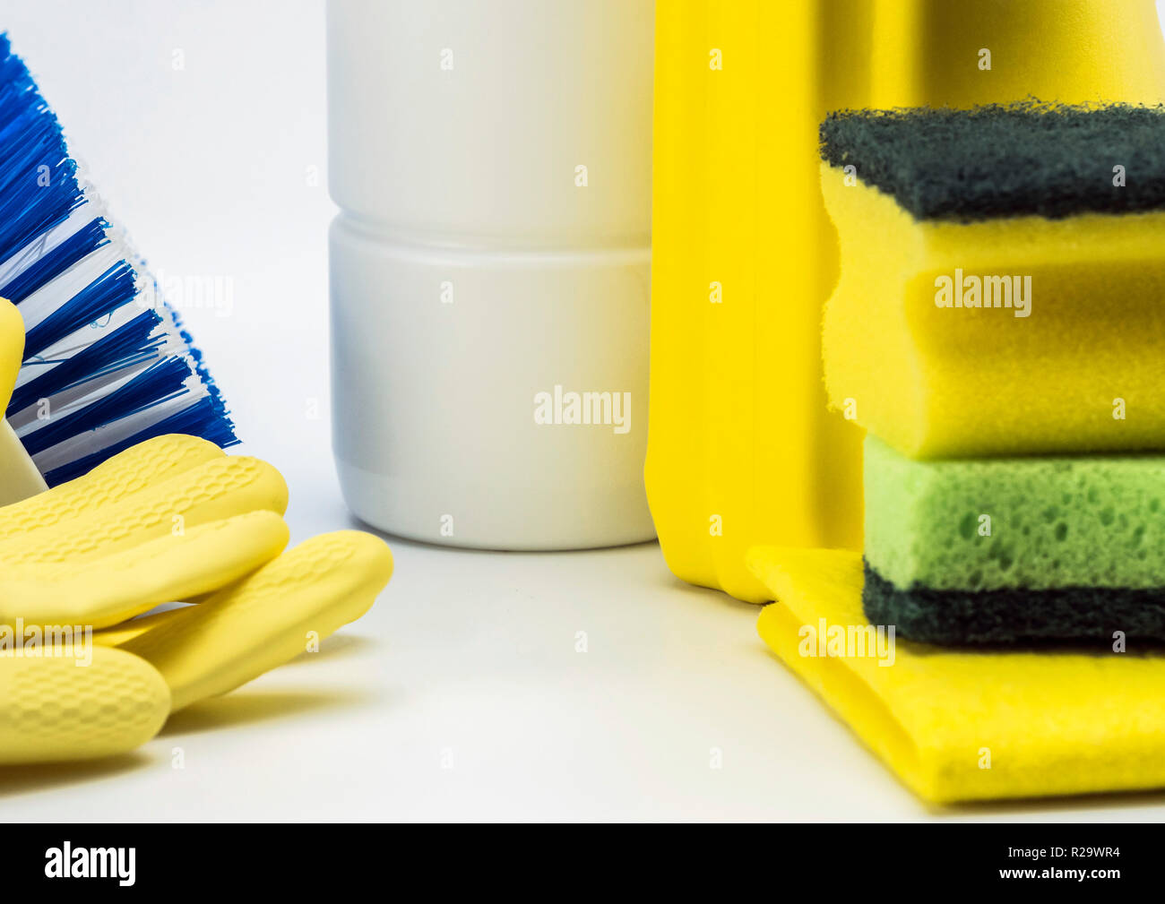Cleaning utensils isolated on white background Stock Photo - Alamy