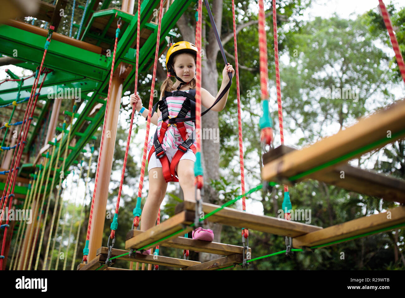Child in forest adventure park. Kids climb on high rope trail. Agility ...