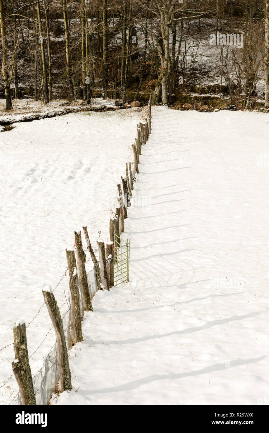high mountain pastures, covered with freshly fallen snow, with a wooden ...
