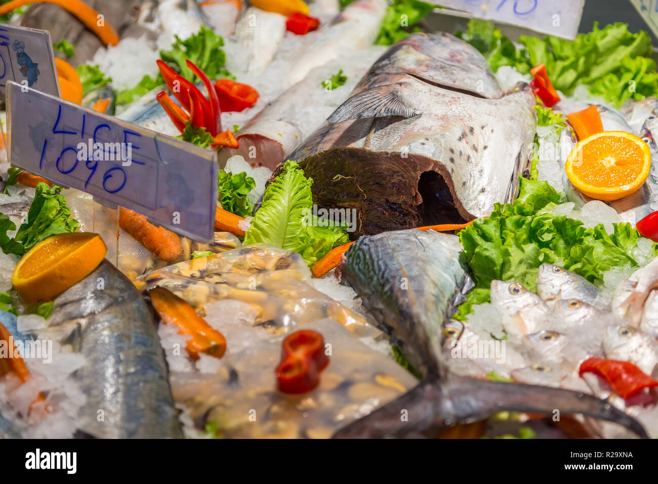 Stands with local fish on the street of Tirana, Albania Stock Photo - Alamy