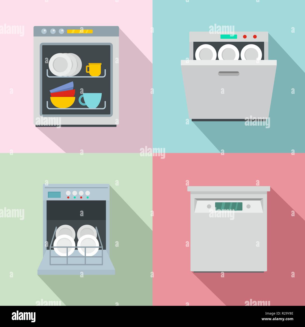 Dishwasher machine kitchen icons set. Flat illustration of 4 dishwasher ...