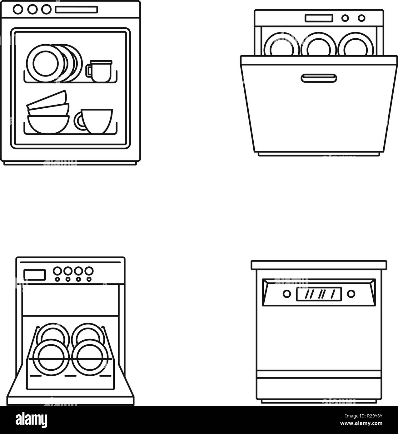 Dishwasher machine kitchen icons set. Outline illustration of 4 ...