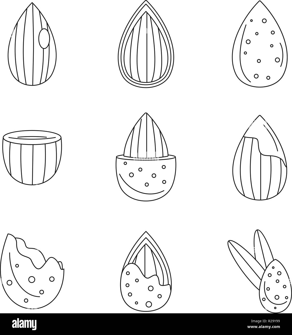 Almond walnut oil seed icons set. Outline illustration of 9 almond ...