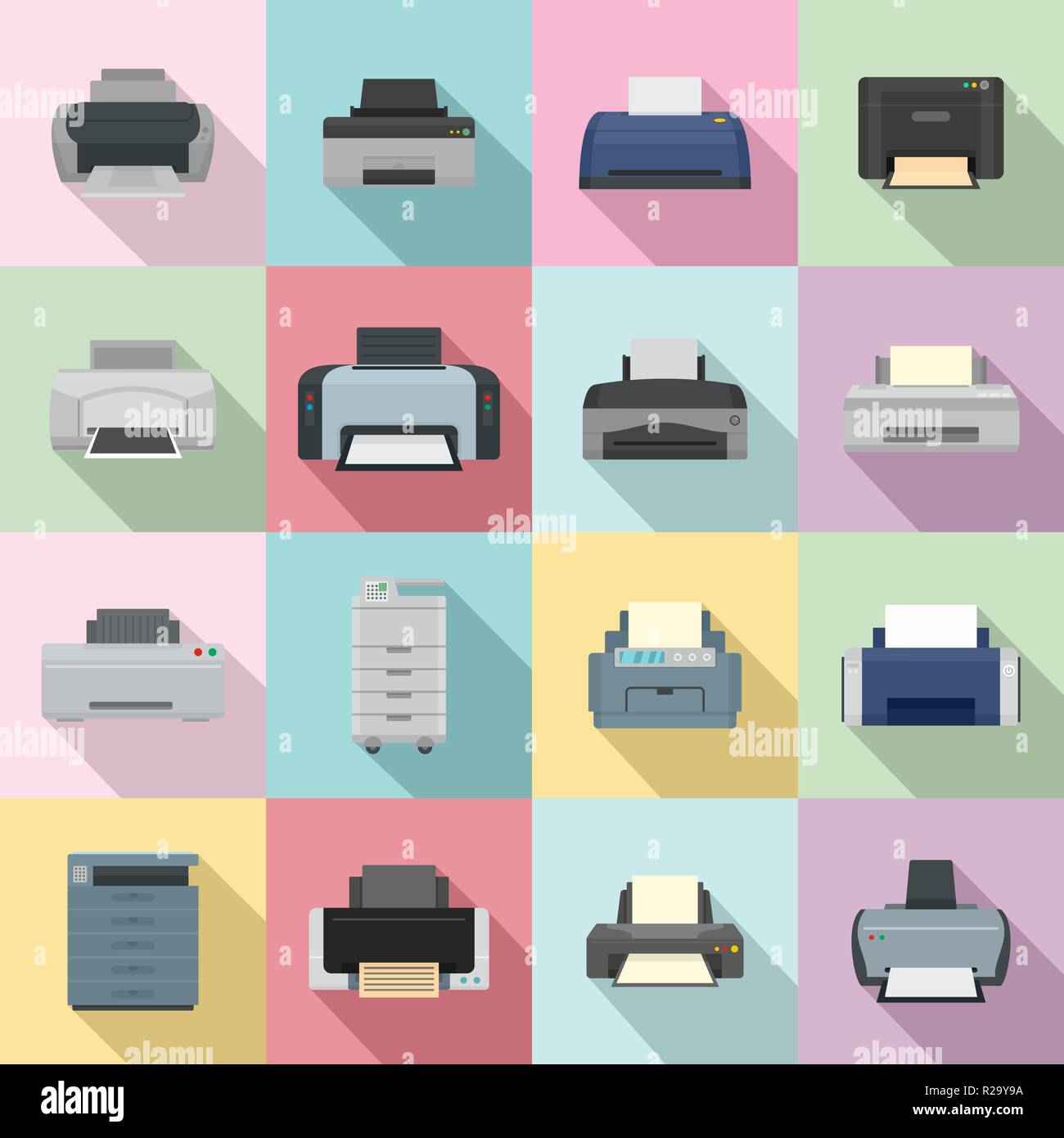 Printer office copy document icons set. Flat illustration of 16 printer ...