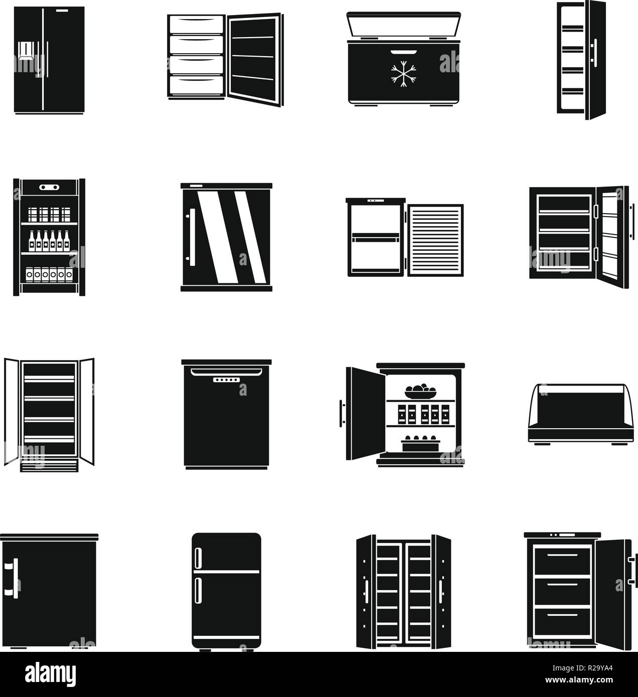 Freezer fridge frozen ice icons set. Simple illustration of 16 freezer ...