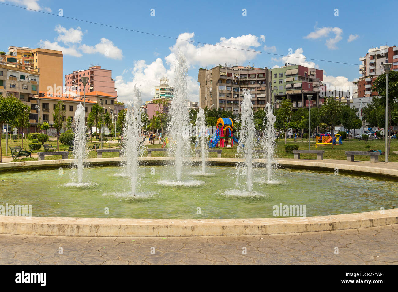 Tirana, Albania- 01 July 2014: View of the fountains in Rinia Park in ...