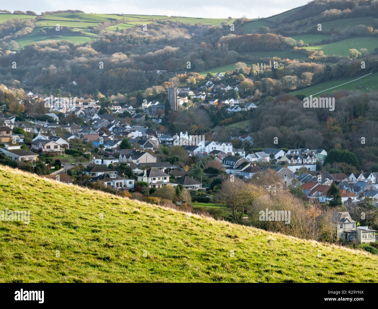 A view into the West Lyn River Valley to the seaside town of Combe ...
