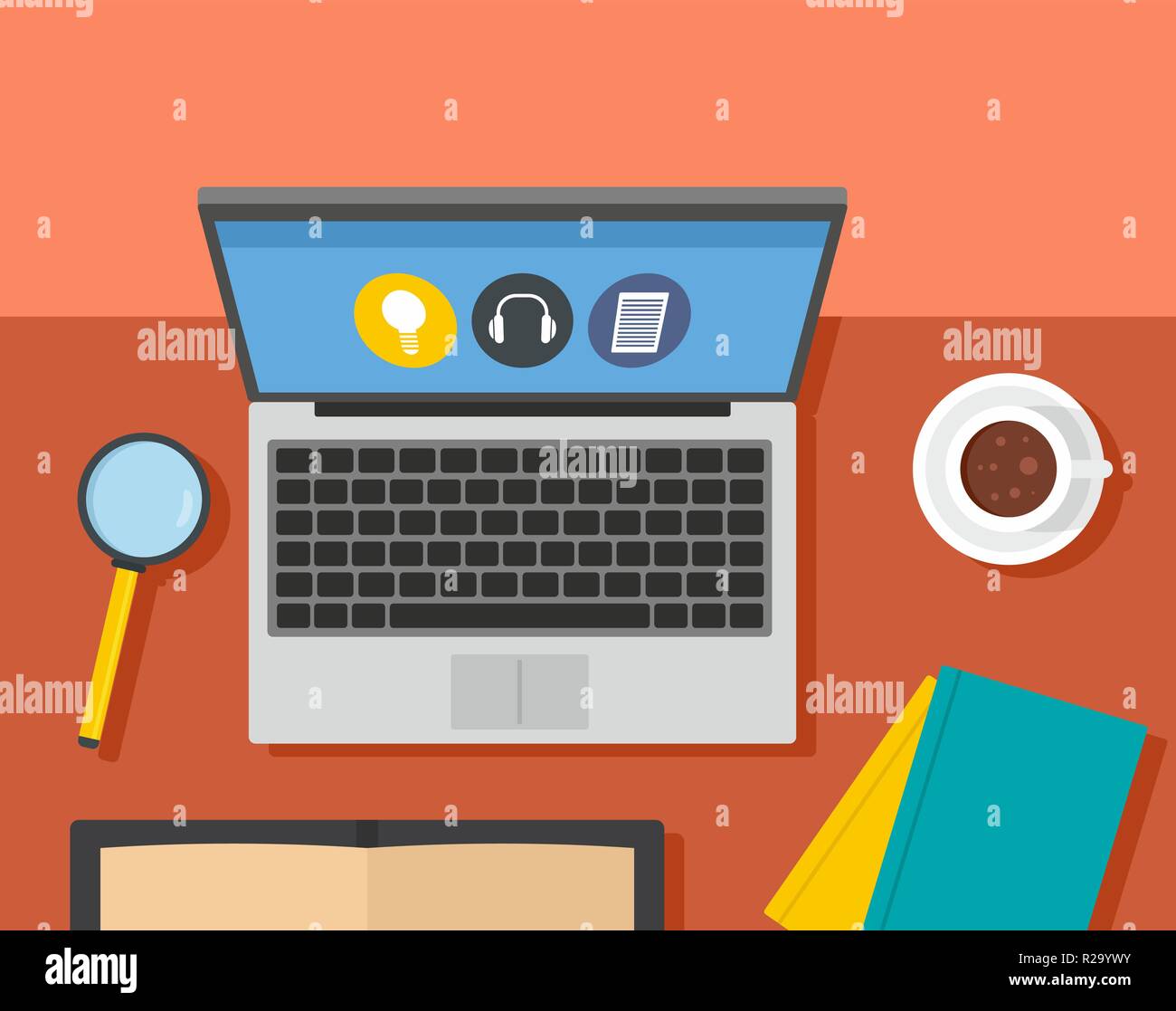 Desktop laptop learning background. Flat illustration of desktop laptop ...