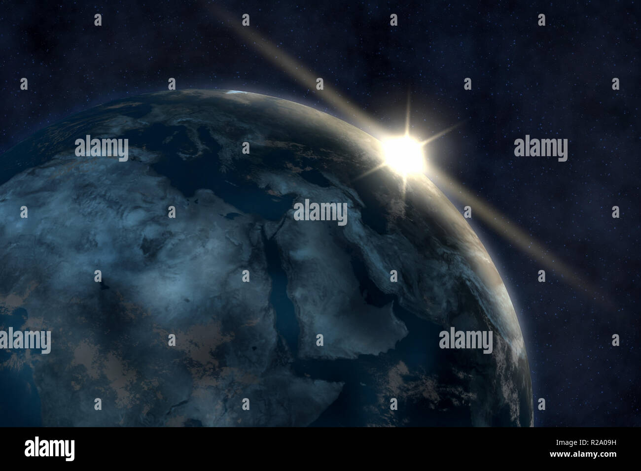 Three dimensional model of earth and sunrise Stock Photo - Alamy