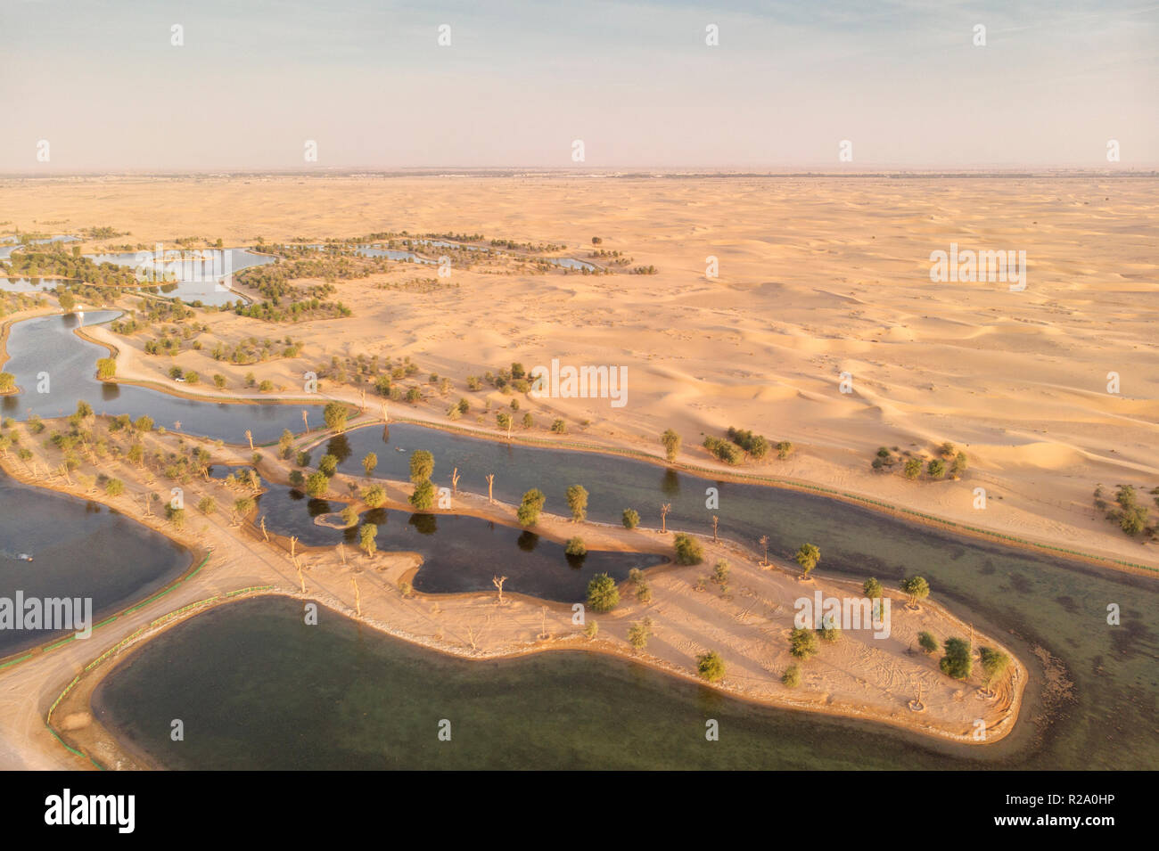 aerial view of Al Qudra Lakes in a desert in Dubai Stock Photo - Alamy