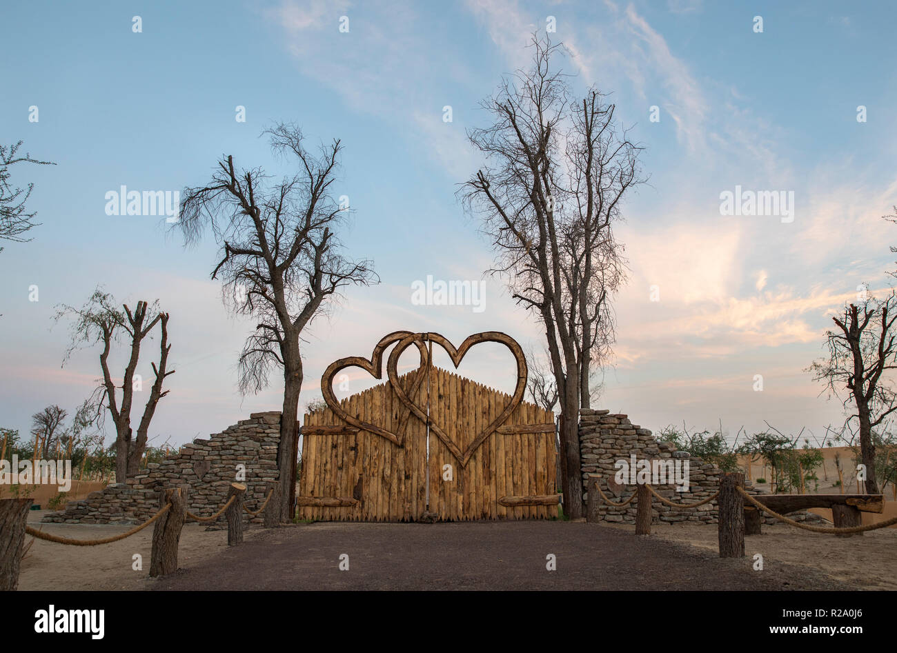 wooden gates to Al Qusra love lakes in Dubai Stock Photo - Alamy