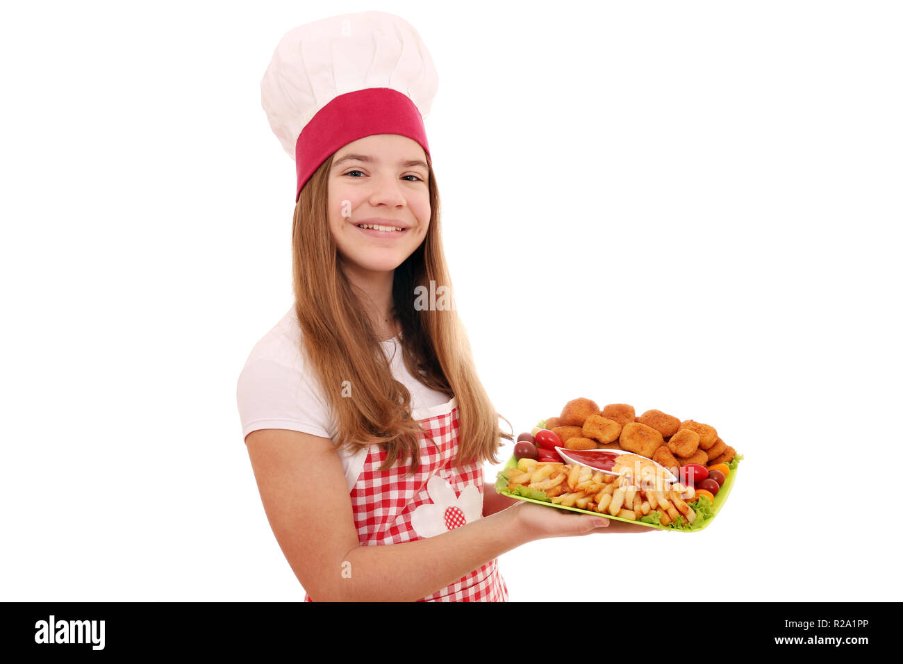 Happy girl cook with chicken nuggets and french fries fast food Stock ...