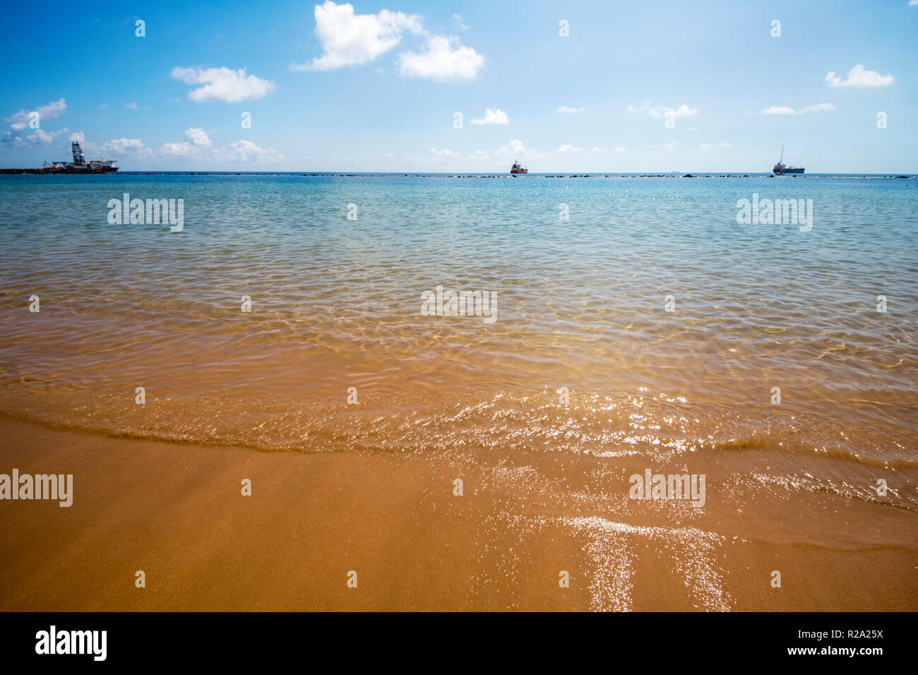 Yellow sand beach with waves blue,background nature ocean Stock Photo ...