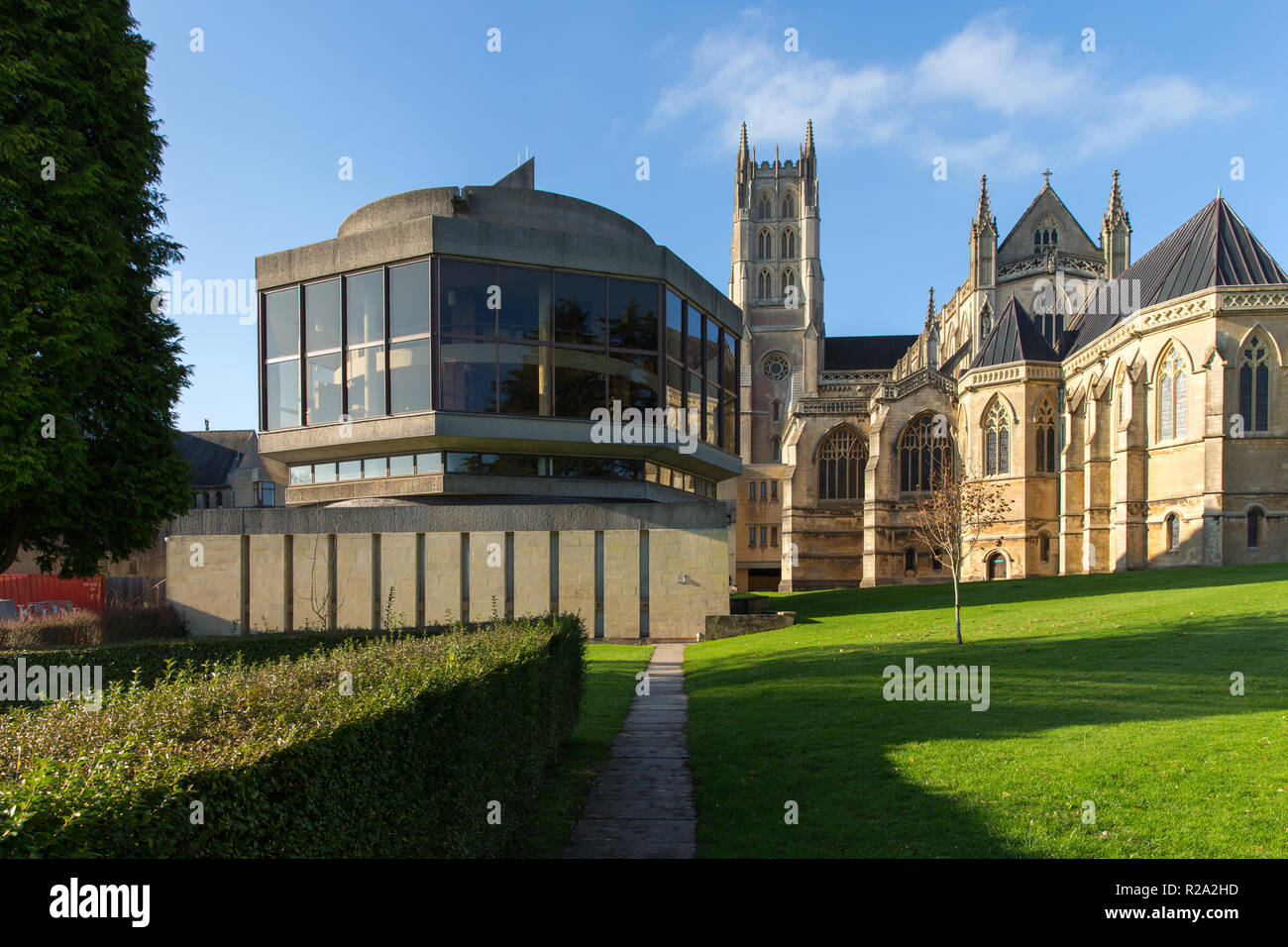Downside Abbey; view of library to the left and Abbey Church to the ...
