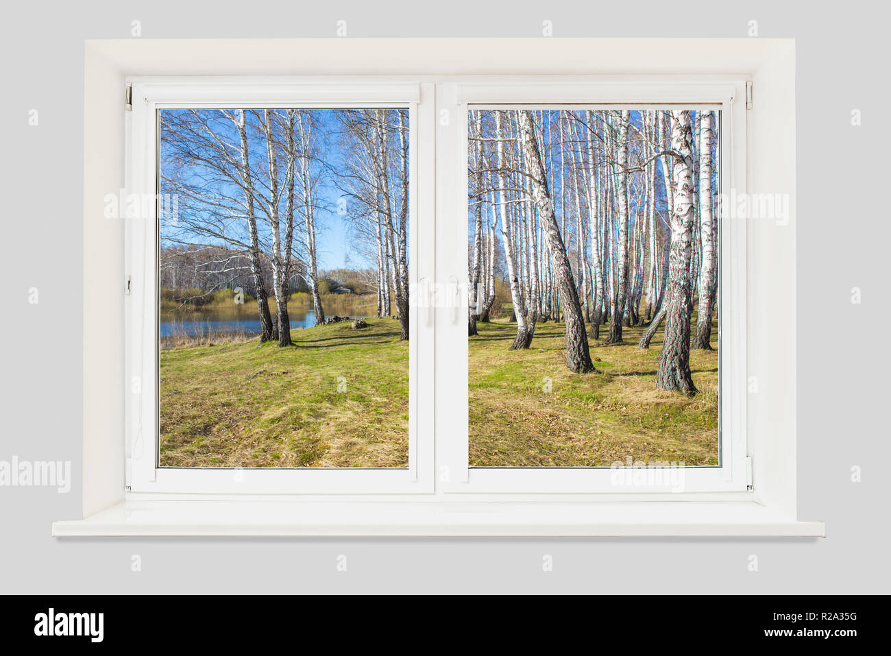View from the window to the spring birch forest and the river Stock ...