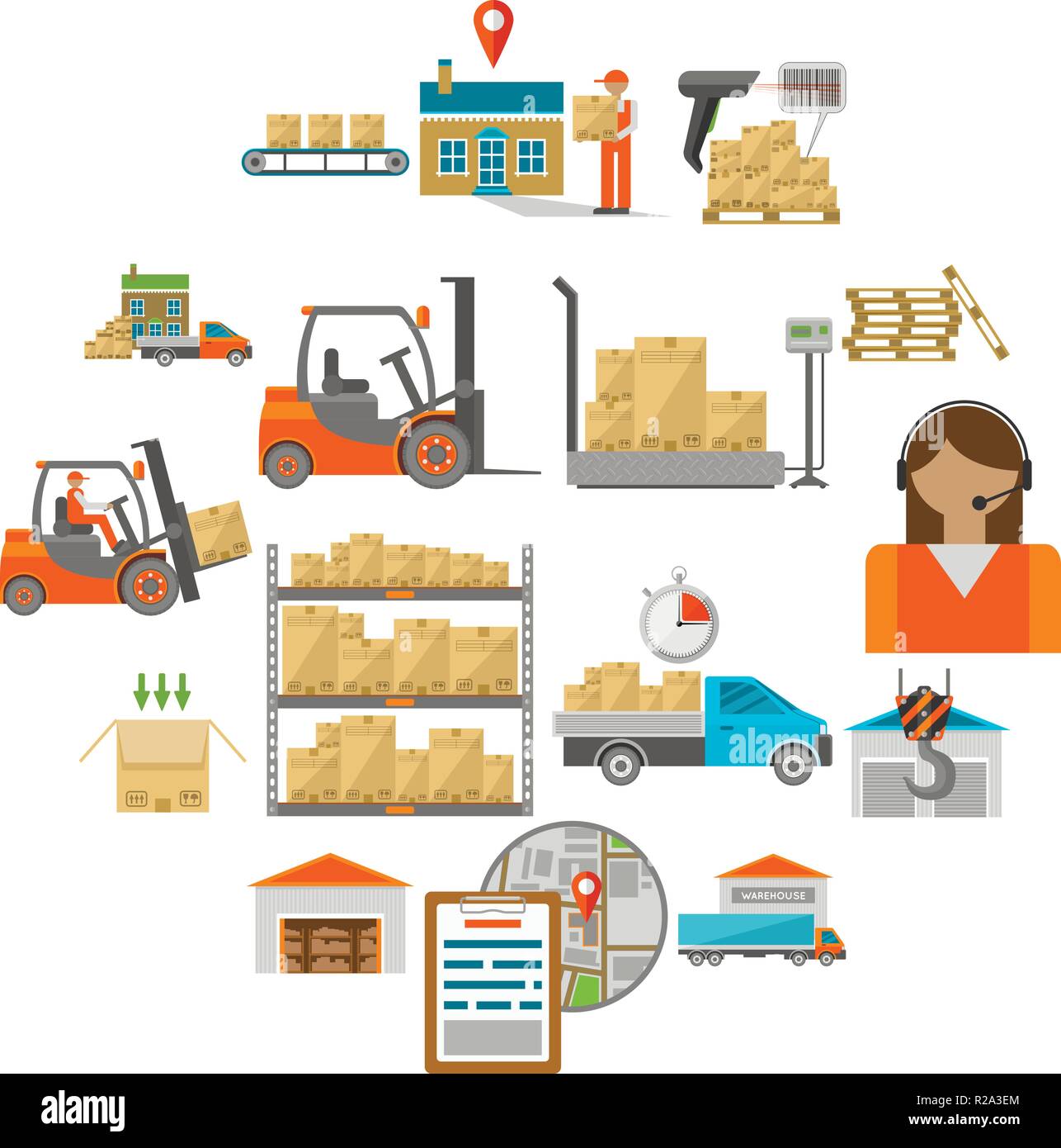Warehouse transportation and delivery icons flat set isolated on white ...