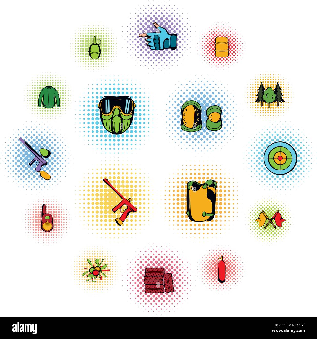 Paintball game comics icons set isolated on white background Stock ...