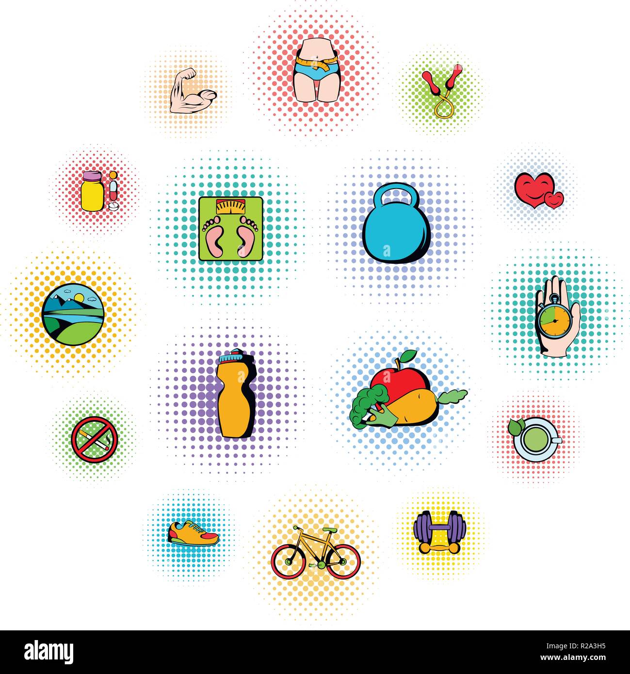 Healthy lifestyle icons set in comics style isolated on white Stock ...