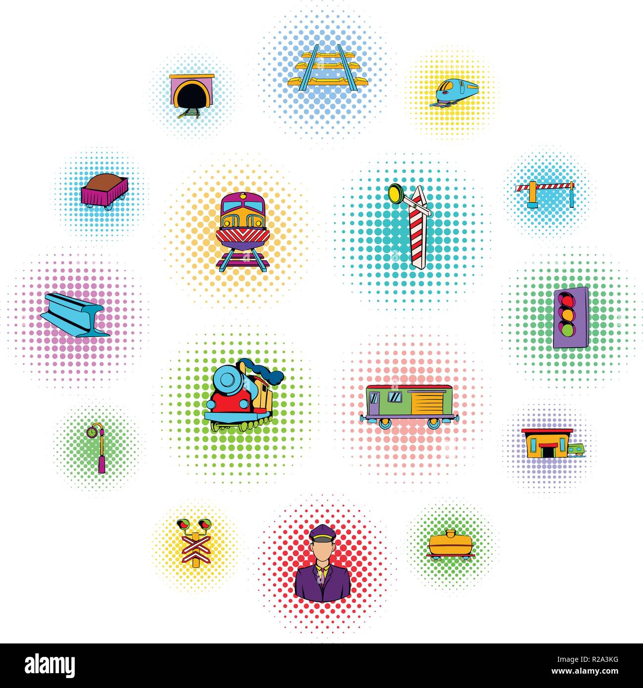 Railroad icons set in comics style on a white background Stock Vector ...