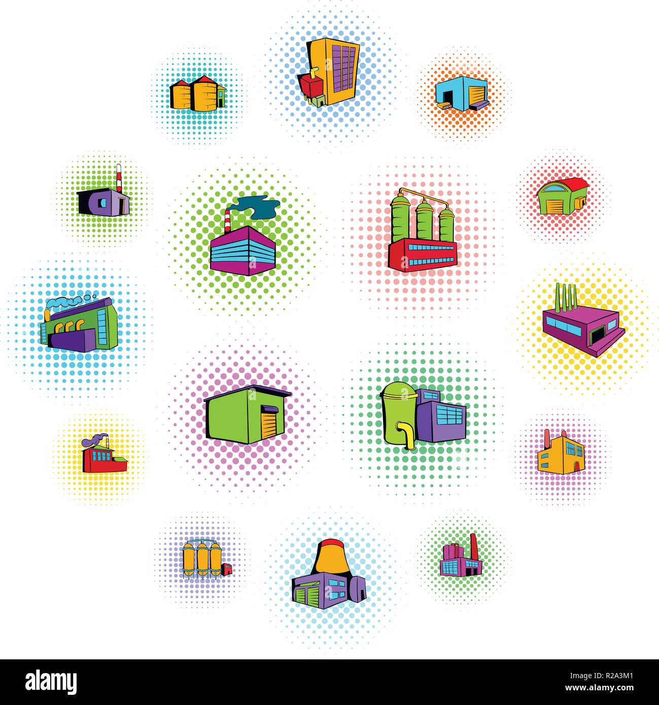 Industrial factory building set icons in comics style on a white ...