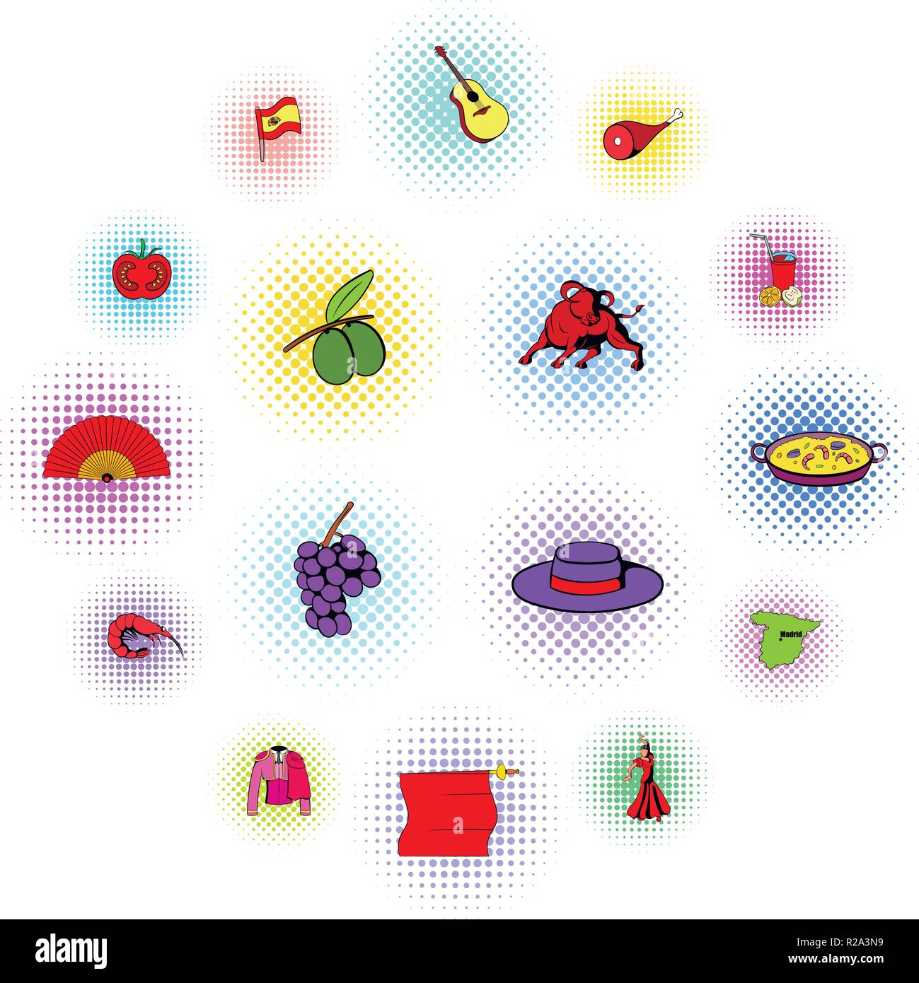 Spain icons set in comics style isolated on white background Stock ...