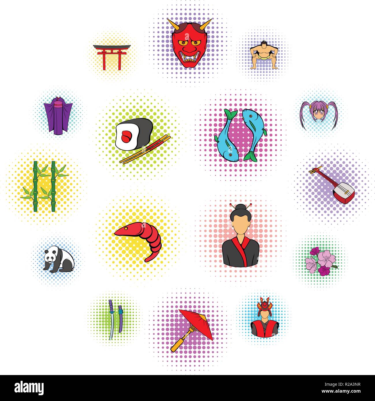 Japan icons set in comics style isolated on white Stock Vector Image ...