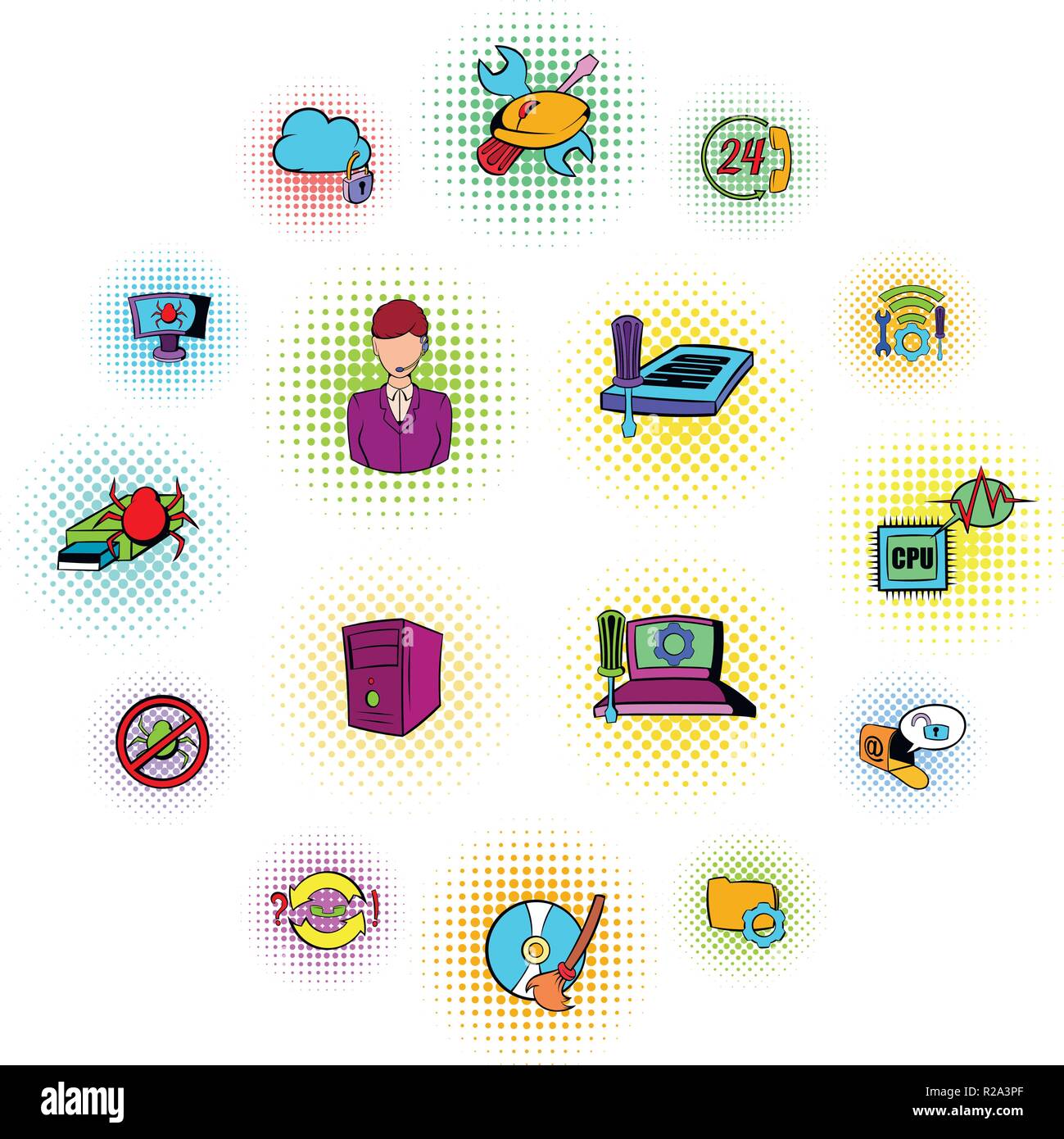 Technical support icons in comics style on a white background Stock ...