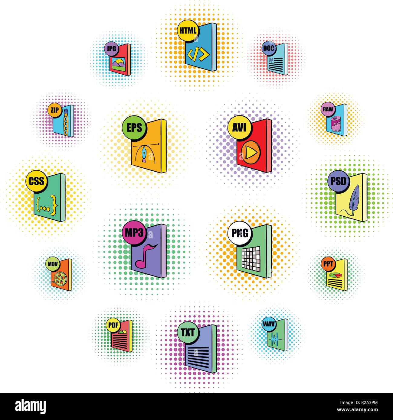 File format icons set in pop-art style isolated on white background ...