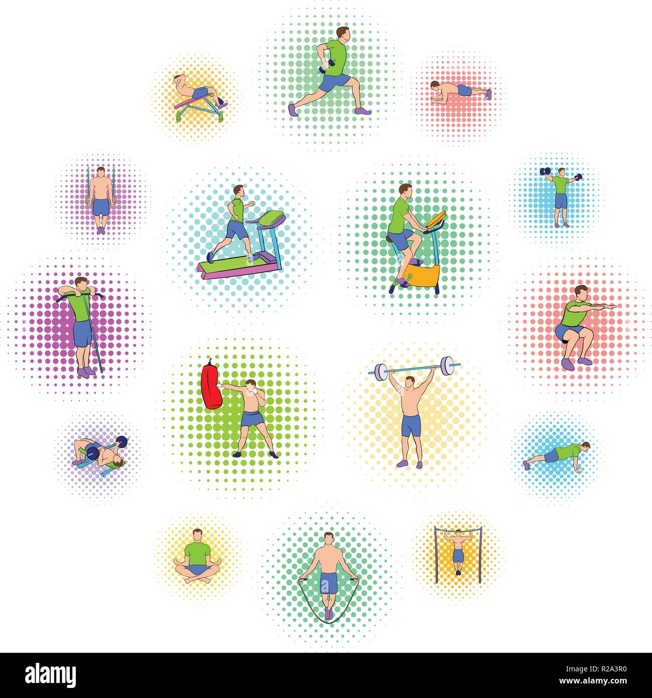 Gym icons set in pop-art style isolated on white background Stock ...