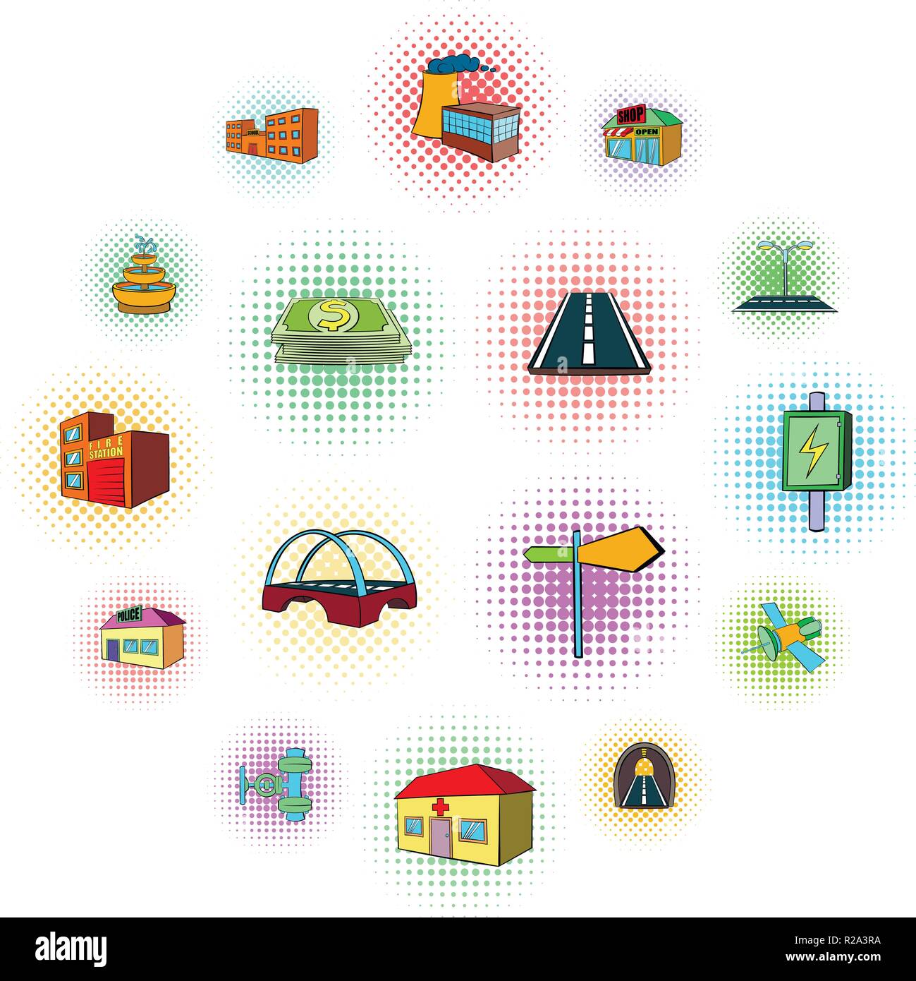 Urban infrastructure icons set in pop-art style on a white background ...