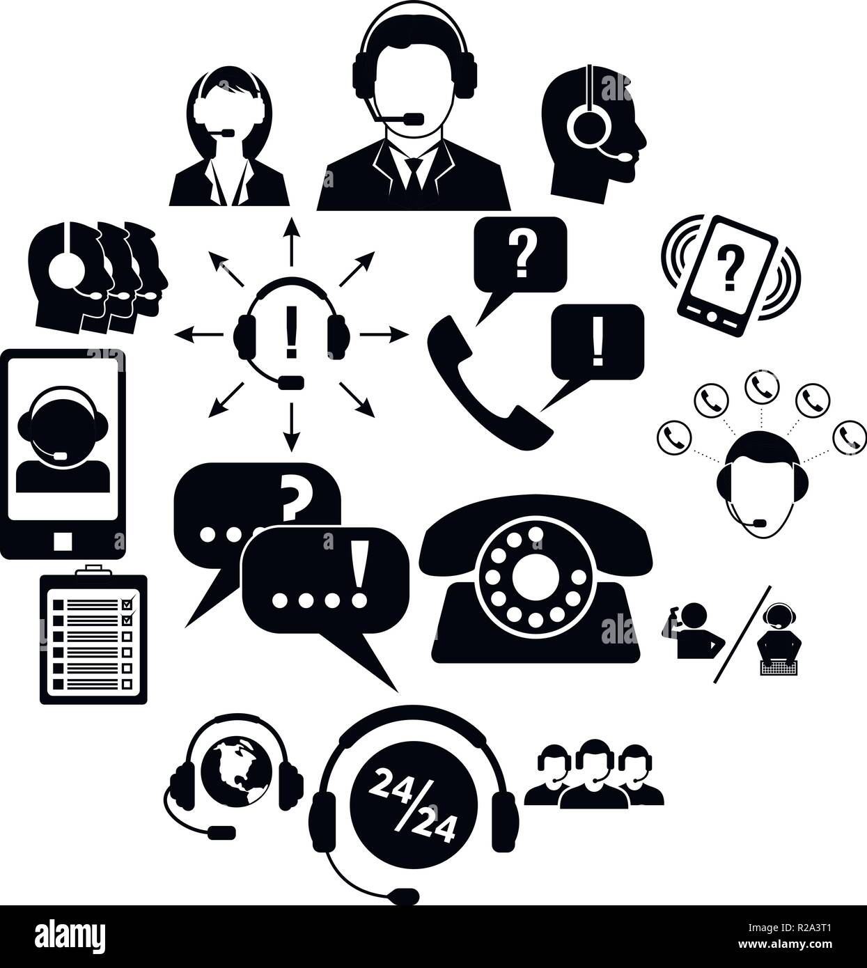 Call center service icons set. Black pictograms isolated on a white ...