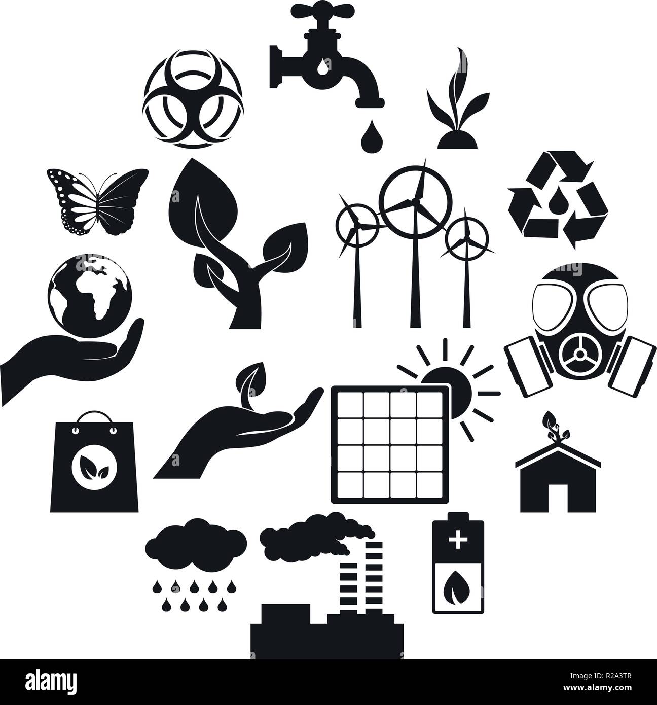 Universal ecology black icons set. 16 simple symbols isolated on a ...