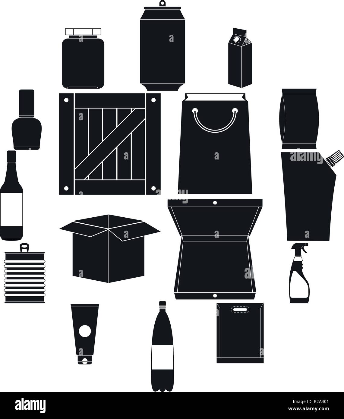 Packaging black simple icons set isolated on white background Stock ...