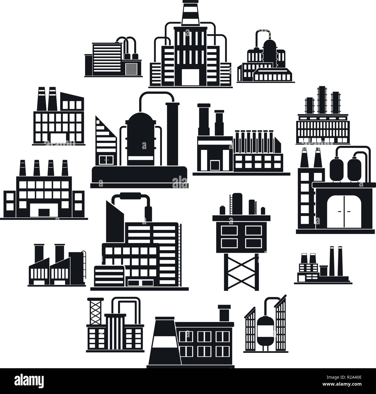 Industrial building factory black simple icons set Stock Vector Image ...