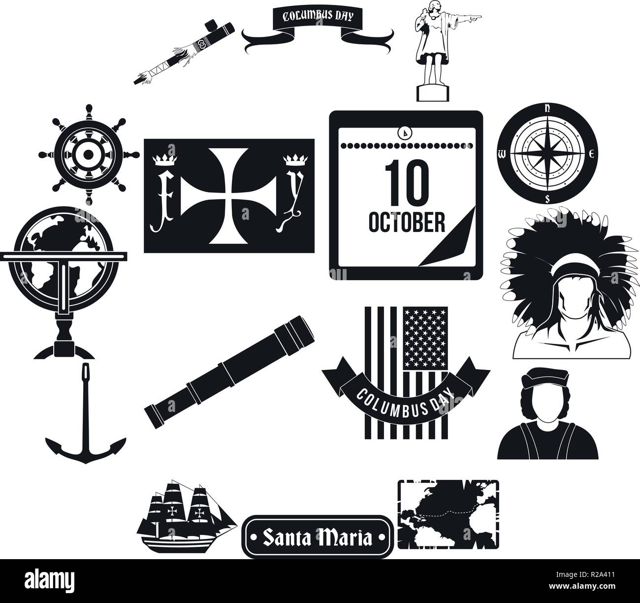Happy Columbus Day black simple icons set isolated on white background ...