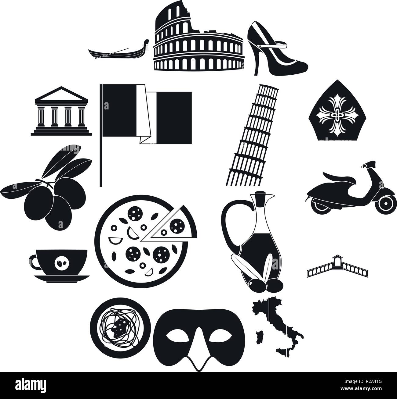 Italy black simple icons set isolated on white background Stock Vector ...