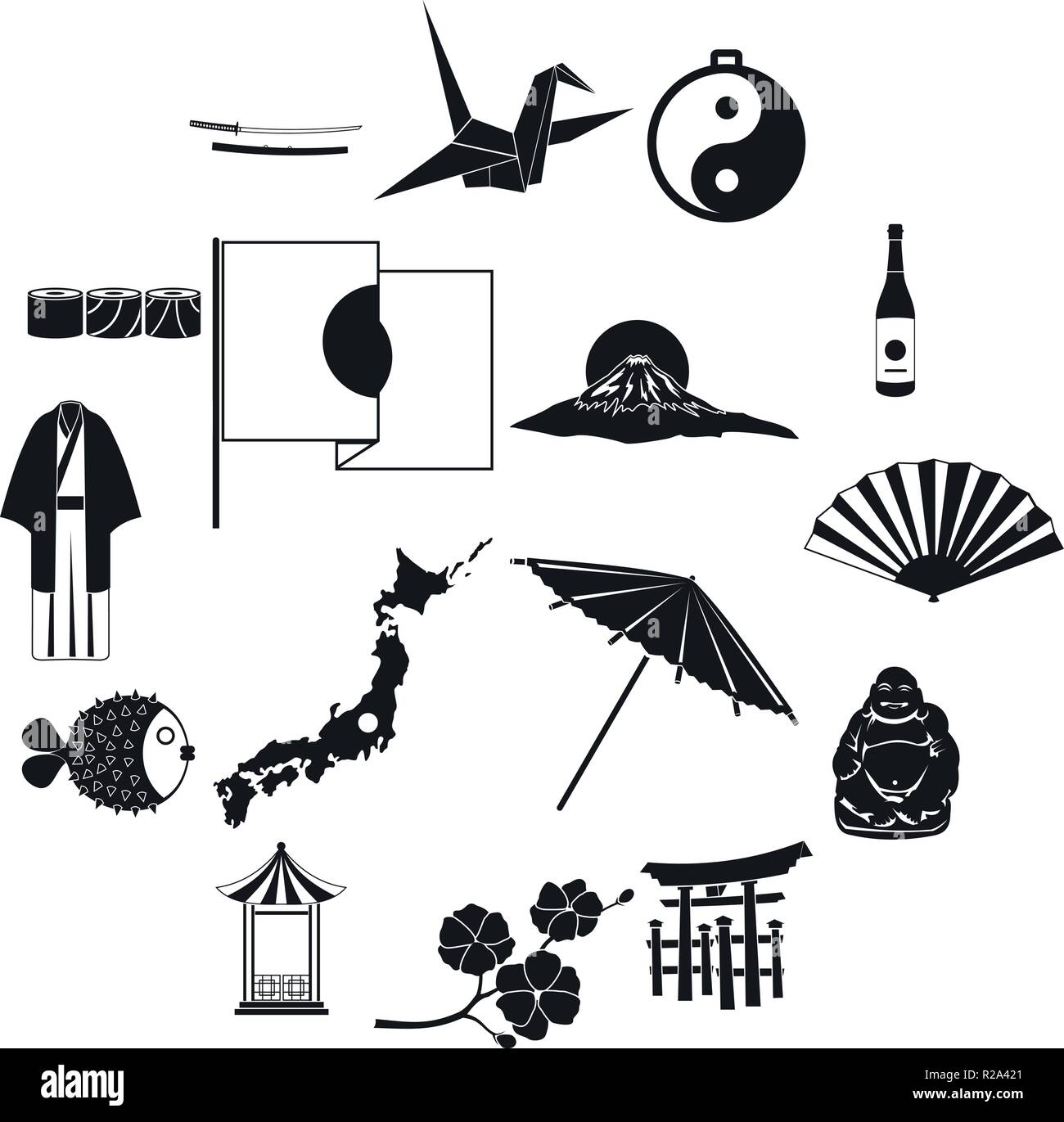 Japan icons set in black simple style isolated on white background ...