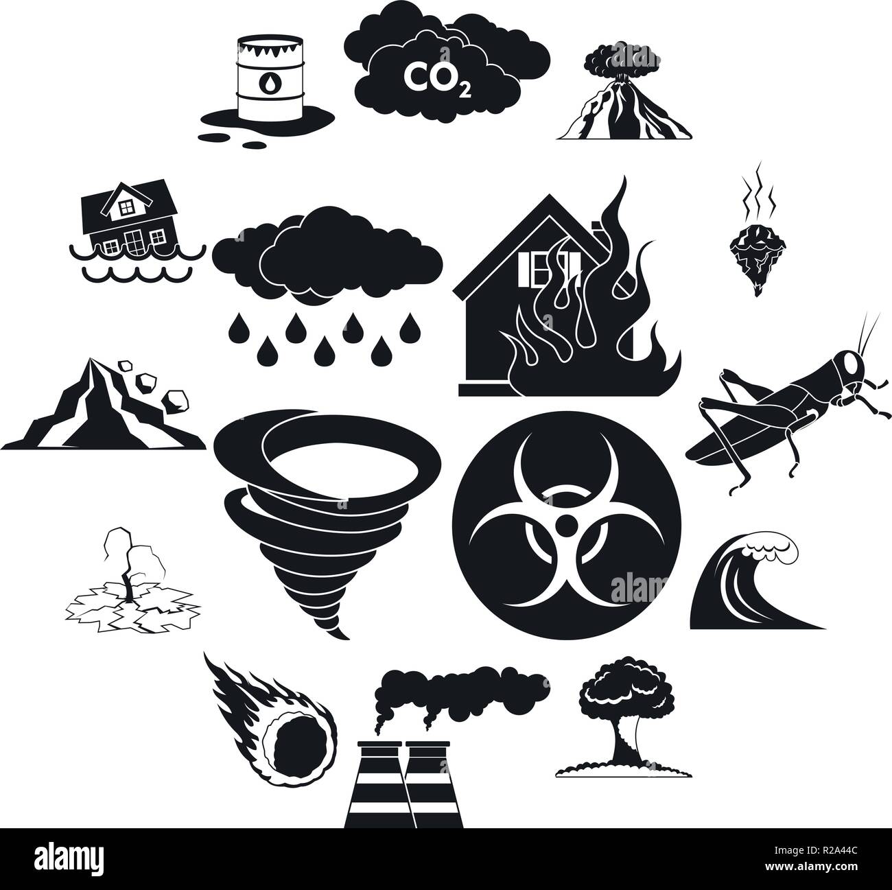 Natural disaster icons set in black simple style for any design Stock ...