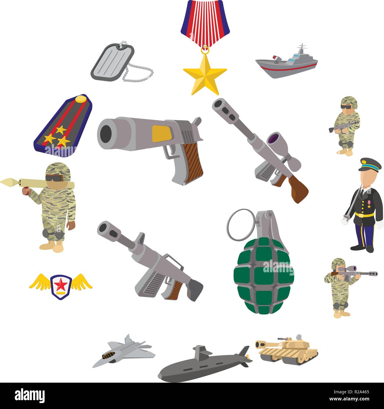 Military and war cartoon icons set isolated on white background Stock ...